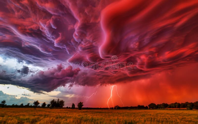 Heavy Thunder Storm on Sky Background in Red Color Illustrations Stock ...