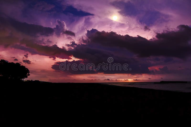 Heavy Thunderstorm with Rain at Night on the Shore with Lightning Stock ...