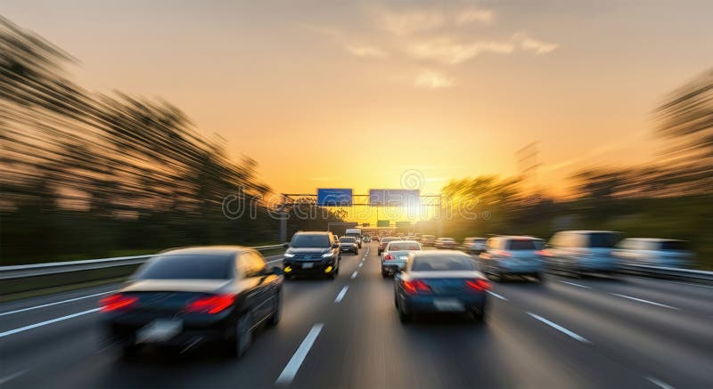 Heavy Traffic Speeding Down the Highway Towards Sunset Stock ...