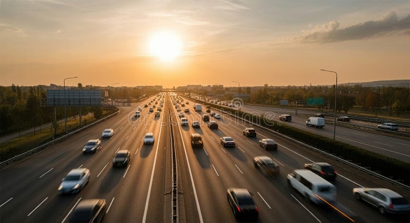 Heavy Traffic Speeding Down the Highway Towards Sunset Stock ...