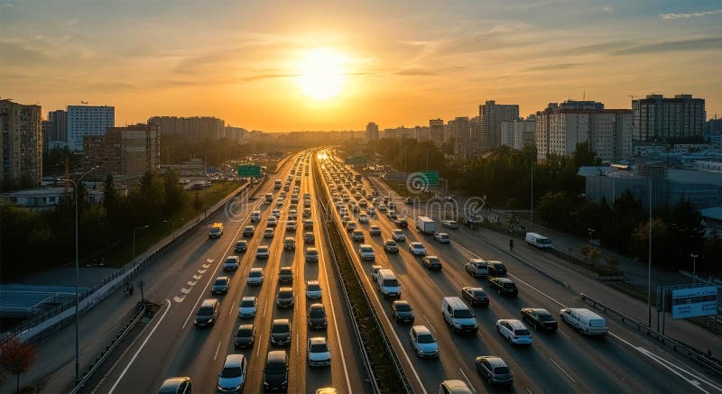 Heavy Traffic Speeding Down the Highway Towards Sunset Stock ...