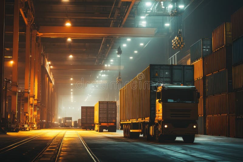 Heavy Truck Transporting Containers in a Dimly Lit Cargo Terminal at ...
