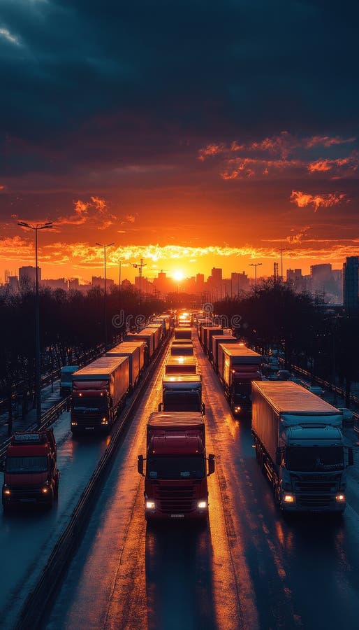 Heavy Trucks Lined Up at Logistics Hub during Sunset, Creating Dramatic ...