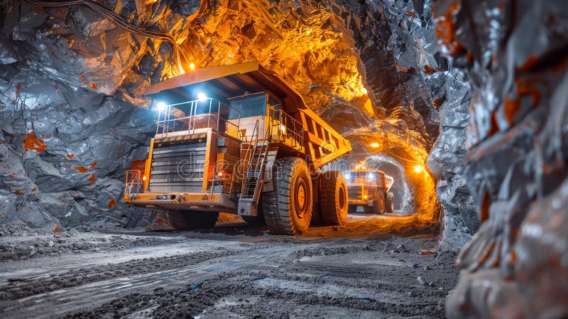 Heavy Trucks Operate Inside a Subterranean Mine Transporting Minerals ...