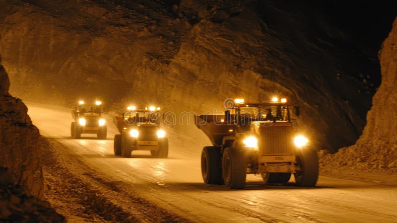 Heavy Trucks Operating in Dimly Lit Mining Tunnel at Night Stock ...