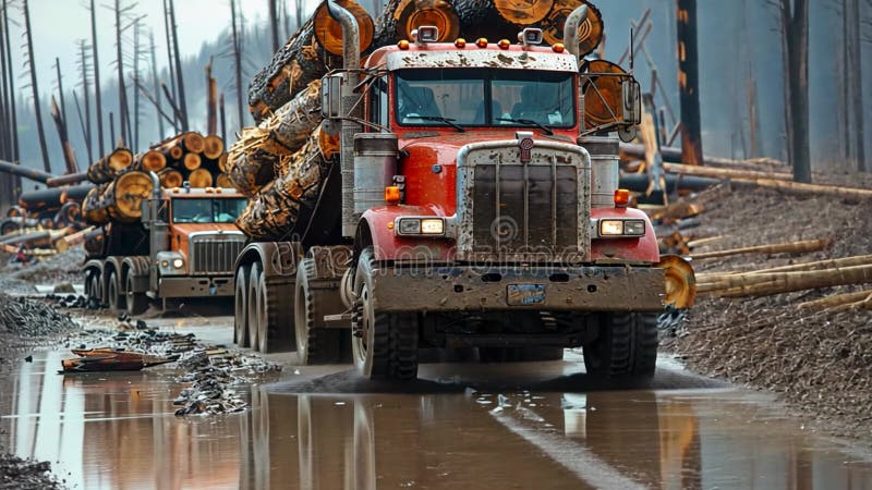 Heavy Trucks Transporting Timber through a Muddy Forest Road after ...