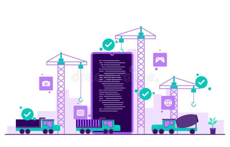 Heavy Vehicle Build Mobile App Development Process Flat Illustration ...