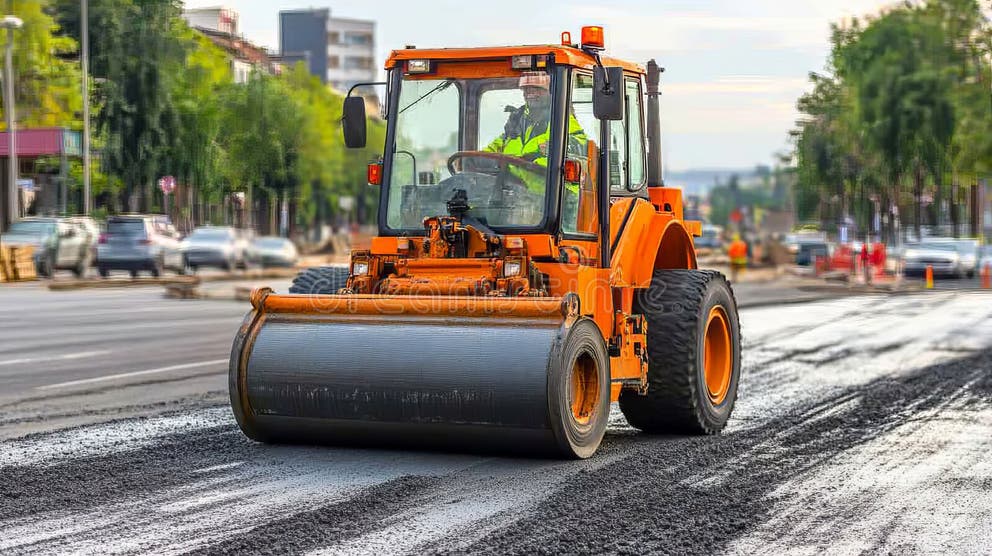 Heavy Vibration Roller Compactor Pressing New Asphalt on the Roadway at ...