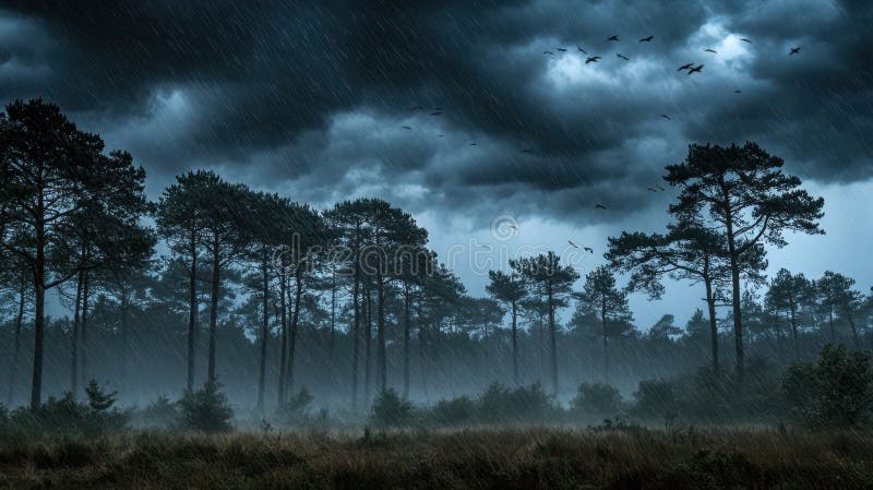 Heavy Winds and Rain Lashing Against Trees in a Stormy Forest with Dark Clouds Above Stock ...