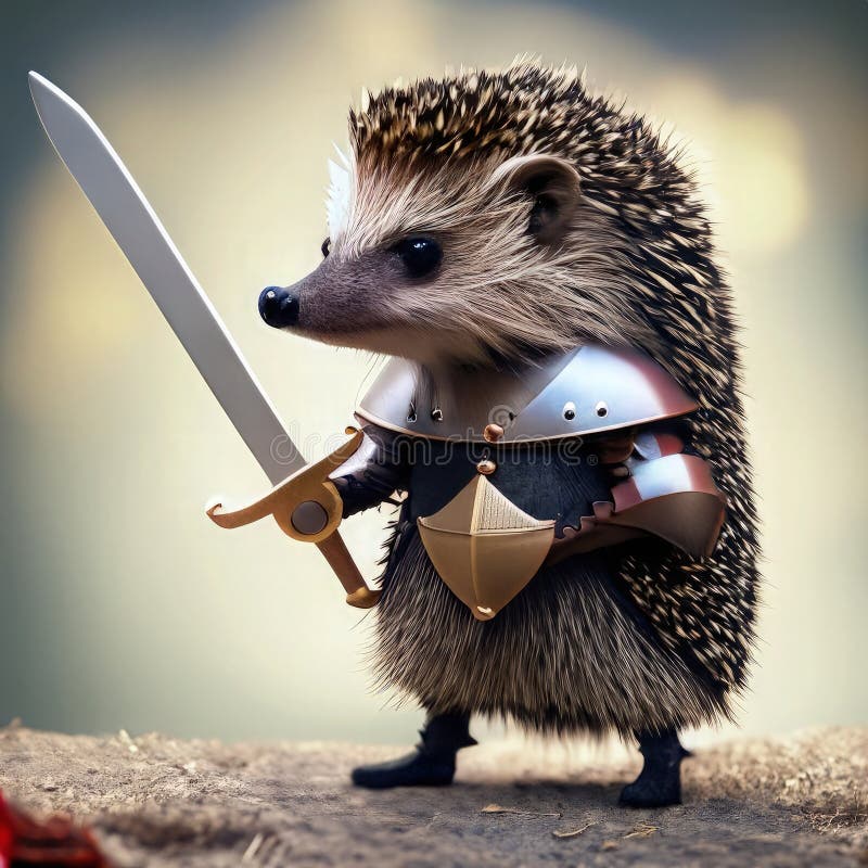 Hedgehog in Armor with a Sword and Shield on the Ground Stock ...