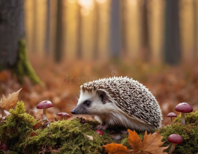 Hedgehog in the Autumn Forest on a Background of Fallen Leaves Stock ...