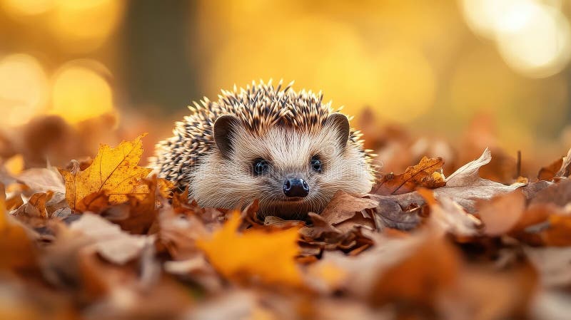 Hedgehog in Autumn Leaves stock illustration. Illustration of macro ...