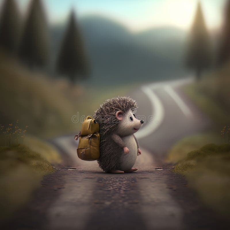 Hedgehog with a Backpack on the Road, 3d Render.Generative AI Stock ...
