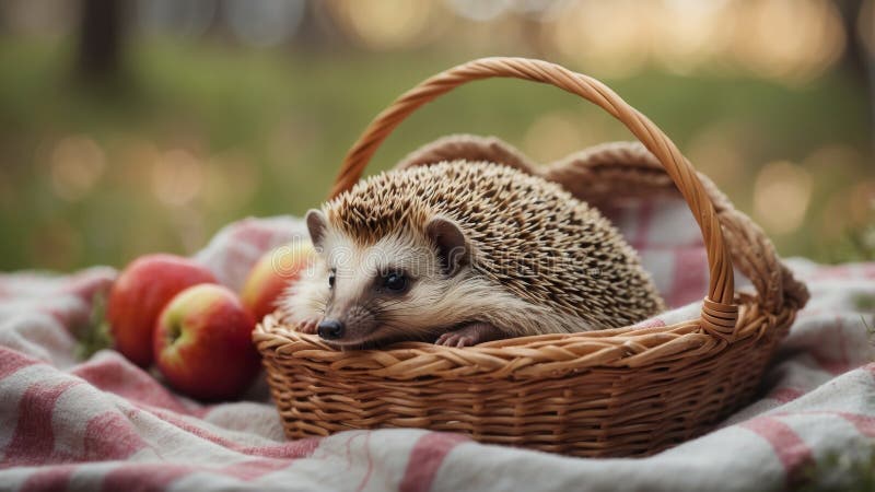 Hedgehog in a Basket on a Picnic Blanket. Stock Illustration ...