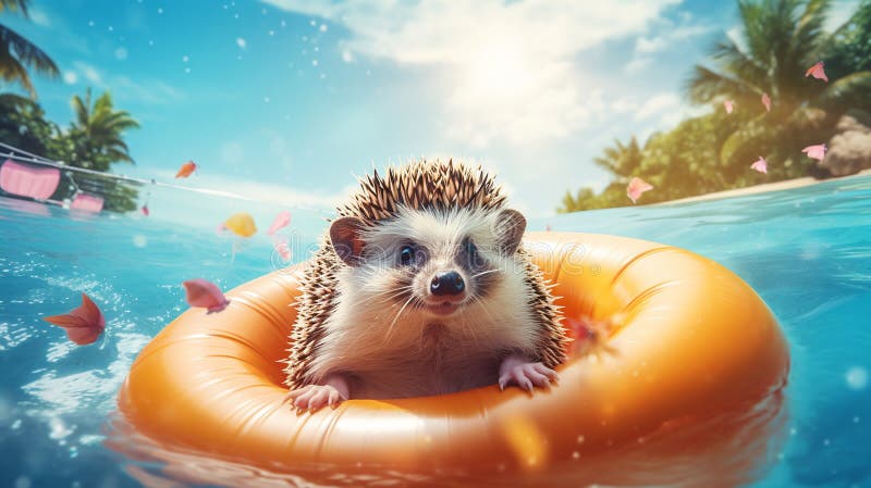 Hedgehog on the Beach in the Pool in an Inflatable Ring Resting Stock ...