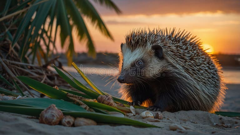 Adorable Hedgehog at Sunset on Tropical Beach Stock Illustration ...