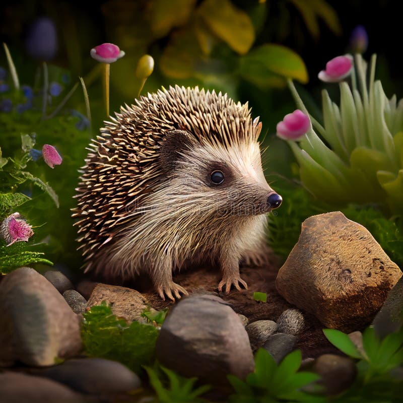 Hedgehog in a Blooming Spring Green Garden Stock Illustration ...
