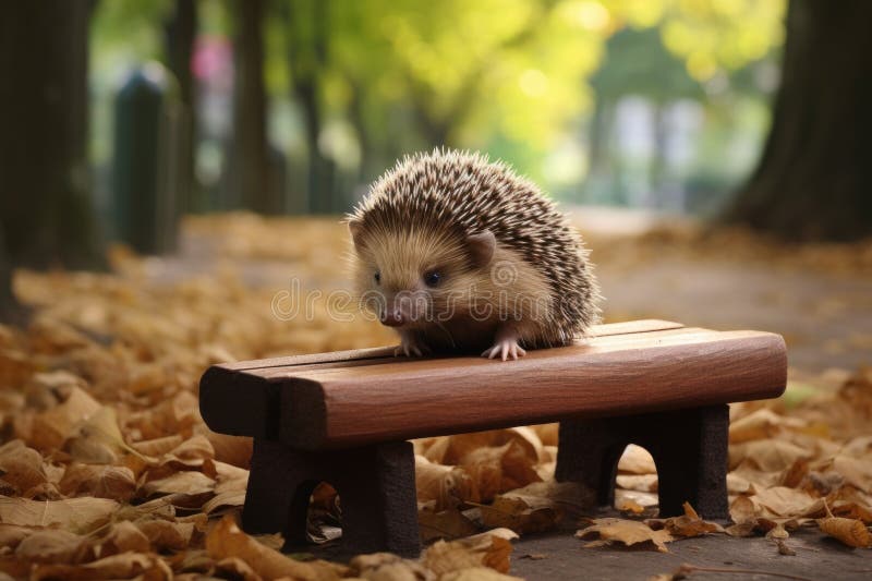 Hedgehog Climbing Up a Wooden Park Bench Stock Photo - Image of cute ...