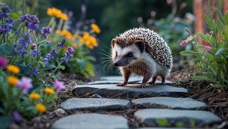Hedgehog Crossing Stone Path beside Flower Border at Dusk Stock ...