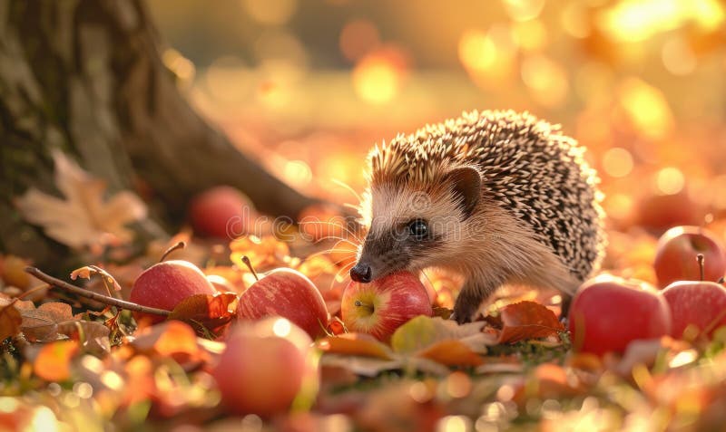 Hedgehog Eating an Apple Under an Apple Tree Stock Photo - Image of ...