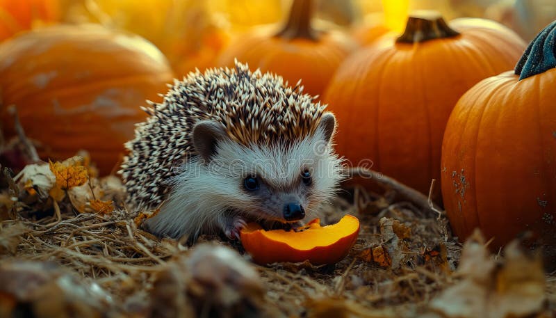 A Hedgehog Eating a Pumpkin in a Pile of Pumpkins Stock Photo - Image ...
