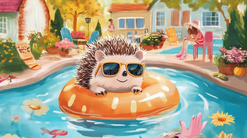 Hedgehog Enjoying Summer Pool Party with Sunglasses and Floaty in ...