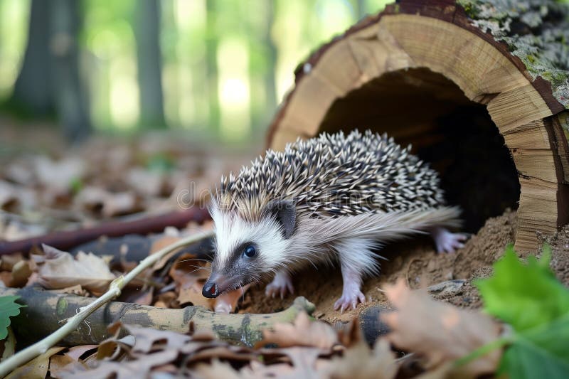 Hedgehog Entering a Log Burrow in a Forest Setting Stock Image - Image ...