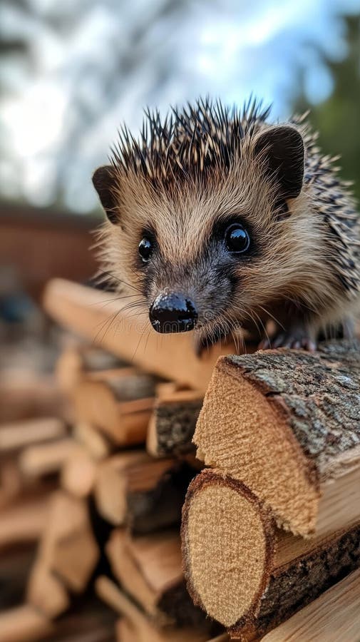 Hedgehog Exploring a Pile of Logs in a Serene Outdoor Setting during ...