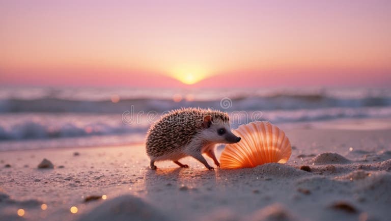 Adorable Hedgehog on the Beach at Sunset Stock Illustration ...