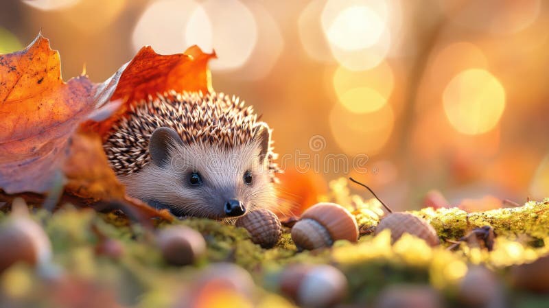 Hedgehog Half-hidden Beneath Curled Maple Leaf, Spiky Back and Ears ...