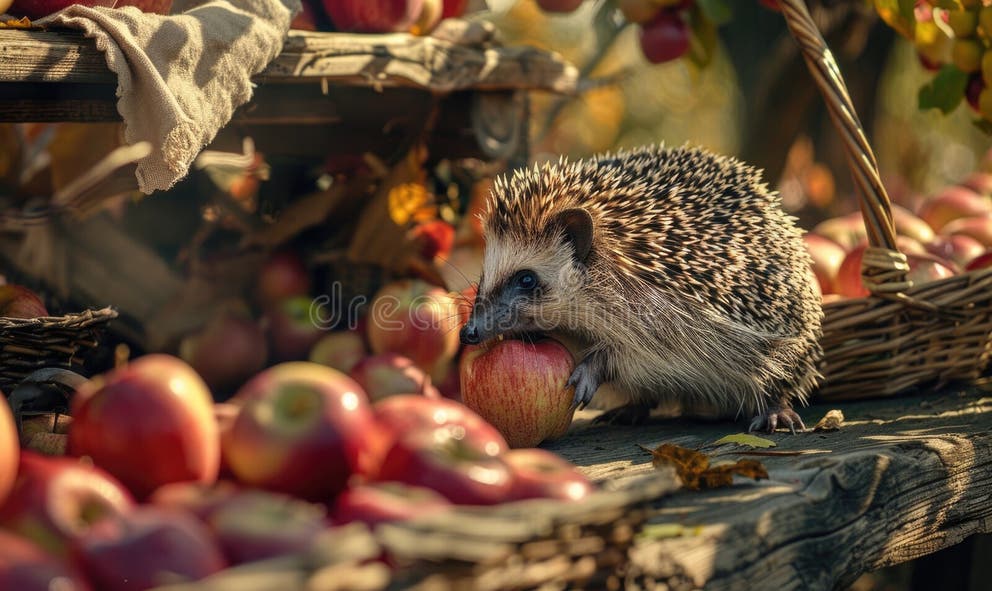 Hedgehog Happily Eating an Apple by a Rustic Apple Stand Stock Photo ...