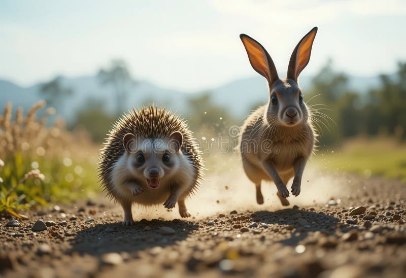 Hedgehog and Hare Race Along Dusty Pathway Outdoors Stock Photo - Image ...