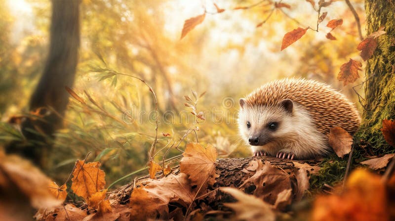 Hedgehog Hiding Behind a Log in a Forest Stock Illustration ...
