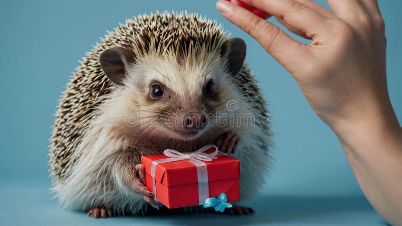 A Hedgehog Holding a Small Gift Box with a Hand Reaching for it Stock ...