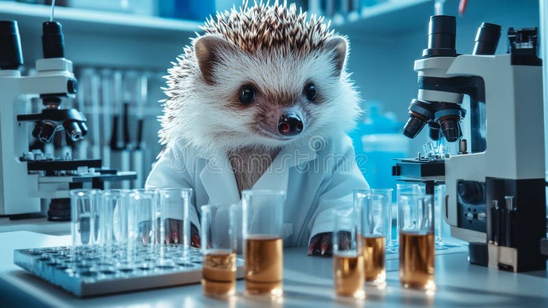 Hedgehog in Lab Coat Conducting Experiments in Scientific Laboratory Stock Illustration ...