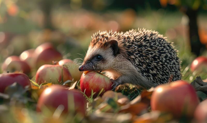Hedgehog Nibbling on an Apple in an Apple Orchard Stock Photo - Image ...