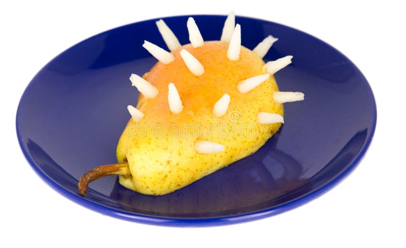 Hedgehog from a Pear Half on a Blue Plate Stock Photo - Image of eating ...