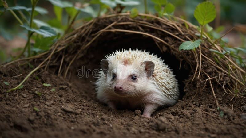 A Hedgehog Peeks Out from Its Burrow in a Natural Setting Stock ...