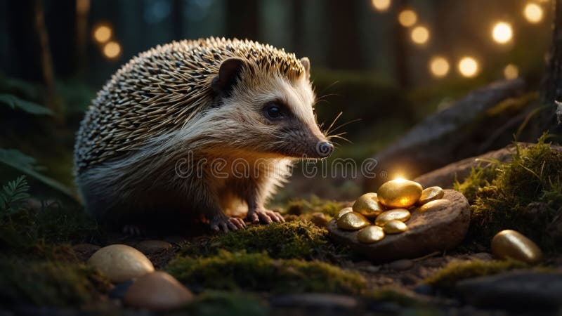 Enchanted Hedgehog with Golden Treasure in a Magical Forest Stock ...