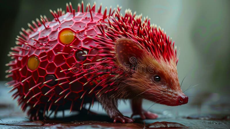 A Hedgehog with Red Spikes on Its Head Standing on a Wooden Surface ...