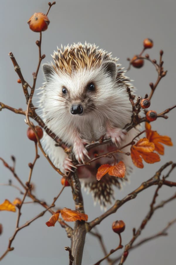 A Hedgehog Sitting Comfortably on the Top of a Tree Branch, Surrounded ...