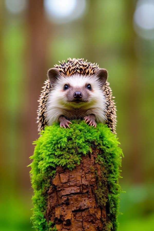 A Hedgehog Sitting on Top of a Tree Stump Covered in Moss Stock Image ...
