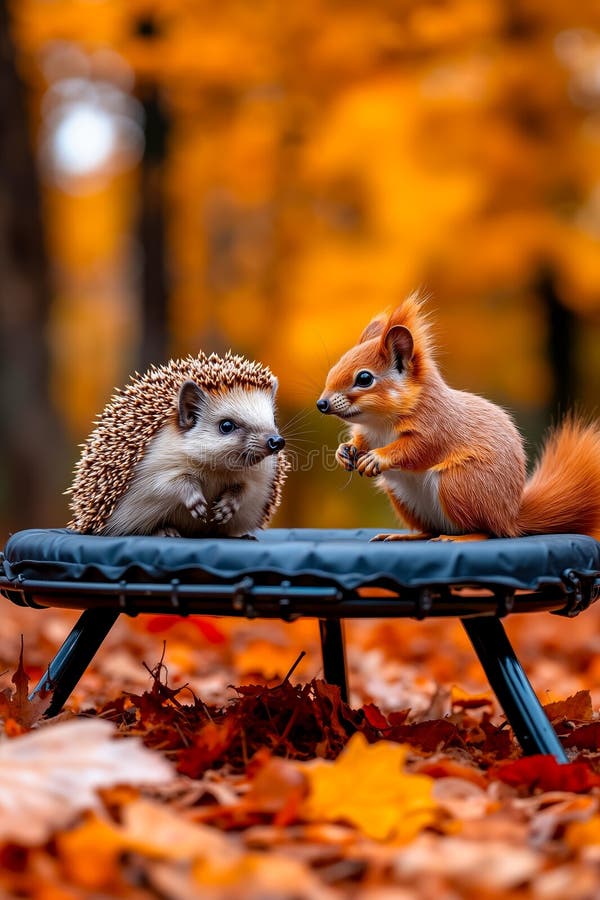 A Hedgehog and a Squirrel Sitting on Top of a Bench in the Leaves Stock ...
