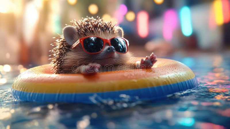 Hedgehog in Sunglasses Relaxing on Pool Float at Colorful Party Stock ...