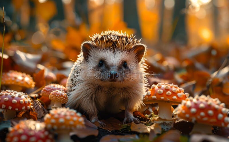 Hedgehog is Walking in the Forest at Autumn. Cute Animal with Spiky ...
