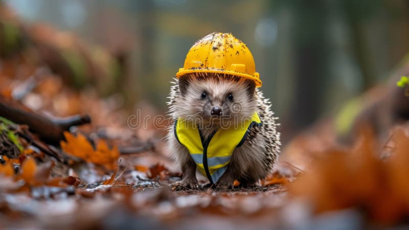 A Hedgehog Wearing a Yellow Hard Hat and Standing on Leaves, AI Stock ...