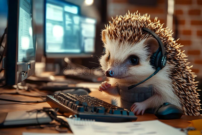 Hedgehog Working at Computer Desk with Headset in Tech Office ...