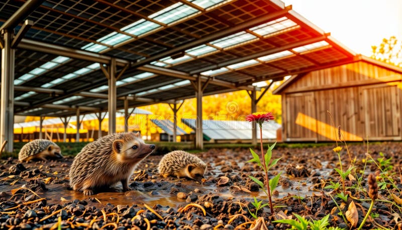 Hedgehogs Exploring Under Solar Panels at Sunset, Generative Ai Stock ...
