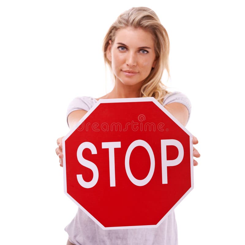 Heed the Warning. a Young Blonde Woman Holding a Stop Sign. Stock Image ...