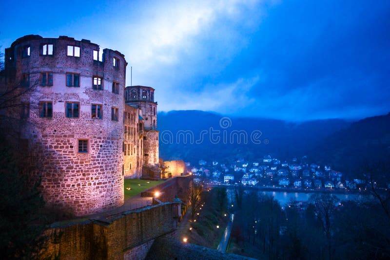 Heidelberg Castle at Night with Town View Editorial Photography - Image ...